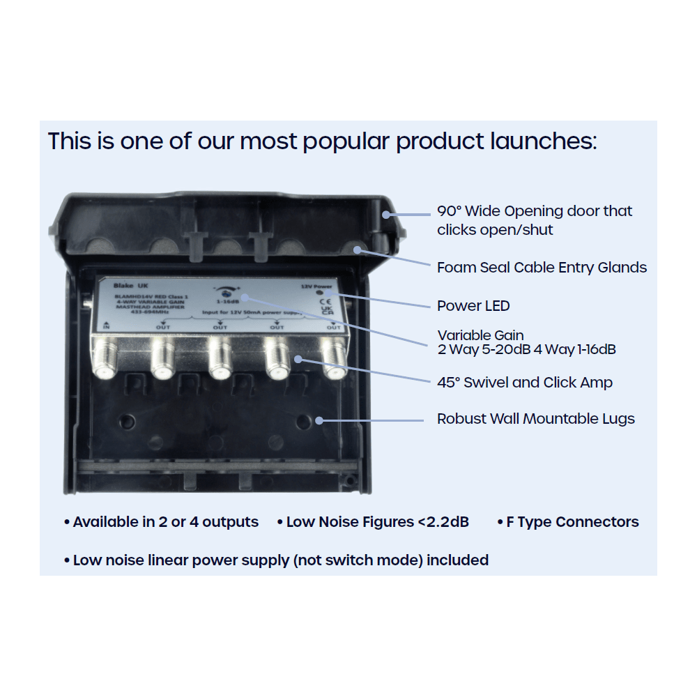 2 Way RED Class 1 Variable Gain UHF Mast Amp | Blake UK - Blake UK
